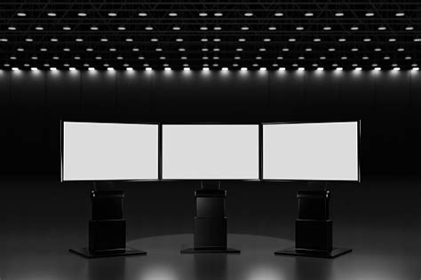 전시장의 빈 디지털 스크린 배너 광고판 스탠드 간판 모니터 미디어 3d 렌더링 3차원 형태에 대한 스톡 사진 및 기타 이미지 3차원 형태 Lcd Led 조명 Istock