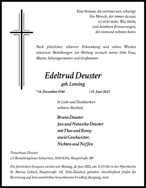 Traueranzeigen Von Edeltrud Deuster Wirtrauern