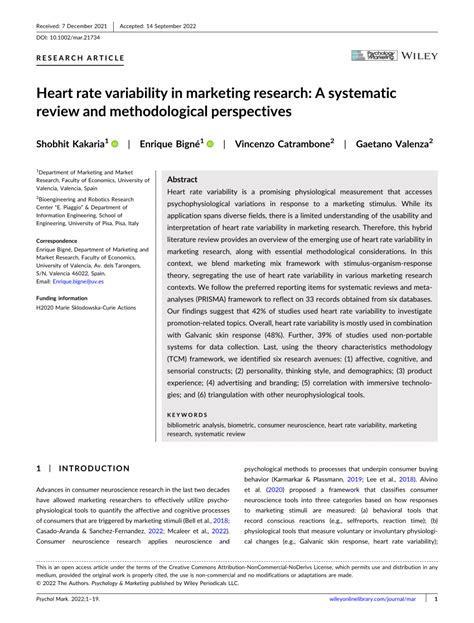 Pdf Heart Rate Variability In Marketing Research A Systematic Review And Methodological