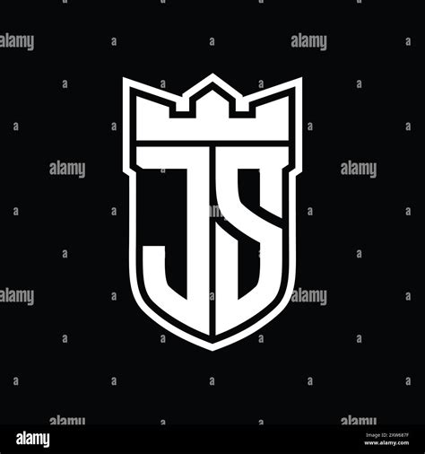 JS Letter Logo With Shield Shape With Geometric Crown Inside White Outline On Black Background