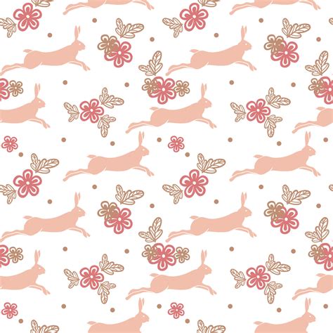 Seamless Bouncing Hare Pattern With Flowers Hand Drawn Elements In A