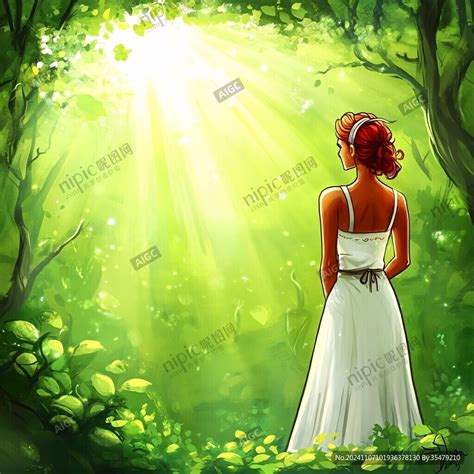 Ai创作图森林白衣女人 森林中的女孩背影 林中女孩背影 森林阳光少女 女孩风景画 森林里的小女孩插画 林中穿白纱女孩 森林卡通女孩 背景墙阳光森林 森林系女孩 人与自然类插图 绿荫下的背影
