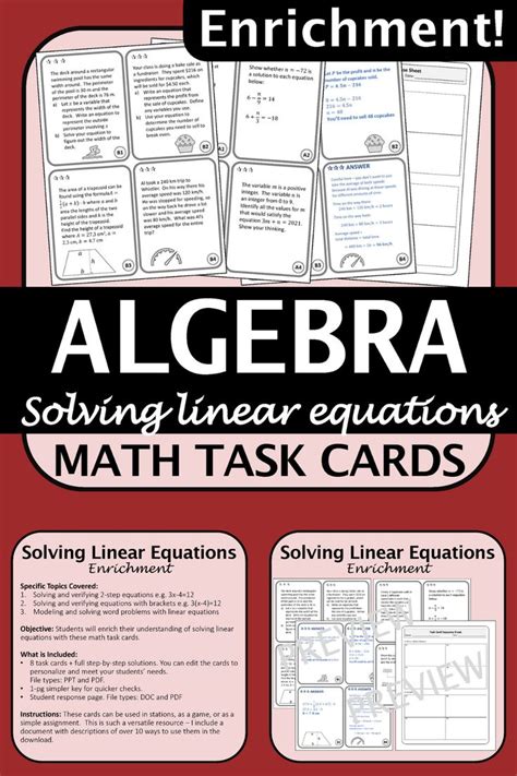Bc Math 8 Solving Equations Enrichment Task Cards Versatile Engaging Solving Linear