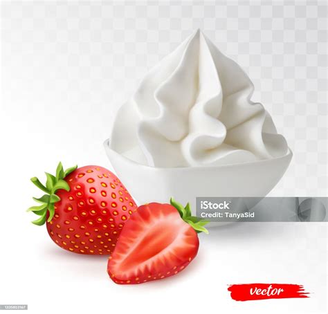 전체 딸기와 반 딸기와 휘핑 크림의 화이트 그릇 딸기와 휘핑 크림의 3d 사실적인 벡터 그림 컵케이크에 대한 스톡 벡터 아트 및 기타 이미지 Istock