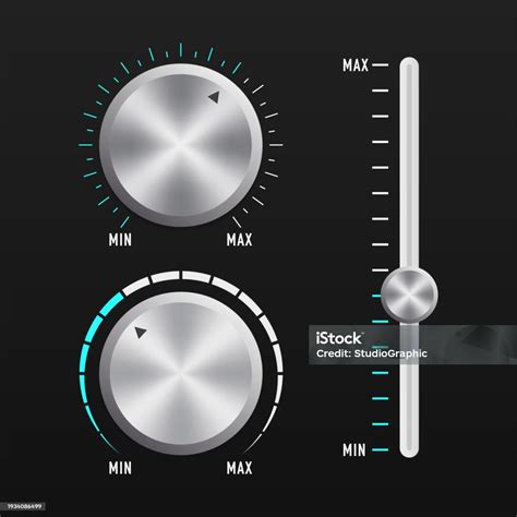 음악 버튼 기술 볼륨 설정 볼륨 조절 전원 볼륨 재생 제어를 위한 금속 인터페이스 버튼 모음 스테레오 제어 저울이 있는 오디오 대시보드 텀블러 벡터 일러스트 레이 션 강철에