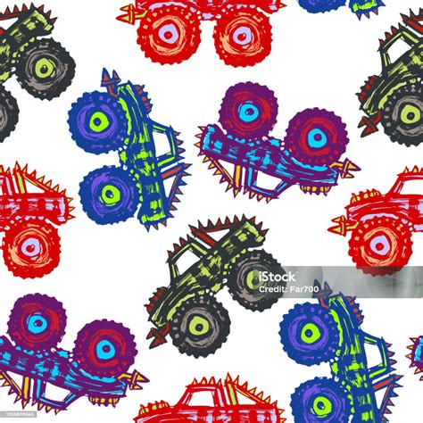 흰색 배경에 고립 된 밝은 다채로운 다채로운 괴물 트럭 귀여운 자동차 원활한 패턴 측면 보기입니다 벡터 플랫 그래픽 손 그린 그림 텍스처 몬스터 트럭에 대한 스톡 벡터 아트