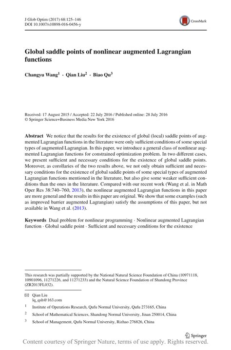 Global Saddle Points Of Nonlinear Augmented Lagrangian Functions Request Pdf