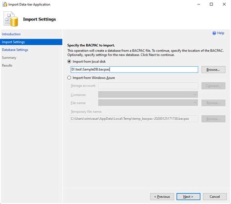 import bacpac file to sql server