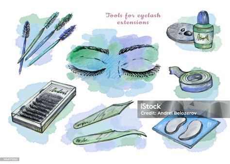 수채화 속눈썹 확장 도구 요소를 흰색 배경에 낙서 스타일로 설정합니다 상자 브러시 접착제 패치 테이프 크리스탈 핀셋 및 여자 얼굴에 가짜 속눈썹 아름다움의 속눈썹 약 절차