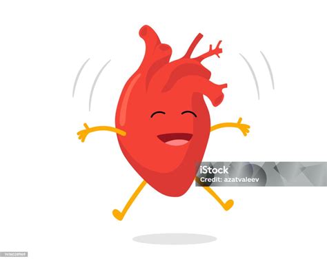 귀여운 만화 행복한 건강한 인간의 심장 캐릭터가 뛰어 올랐습니다 사랑의 행복과 기쁨의 감정을 표현한다 벡터 순환 기관 마스코트