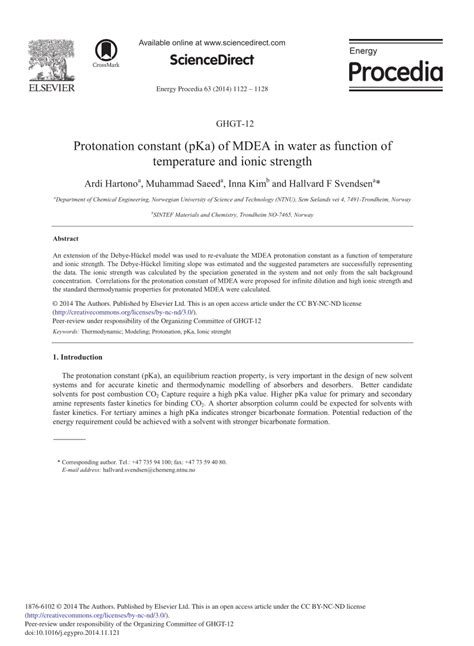 Pdf Protonation Constant Pka Of Mdea In Water As Function Of