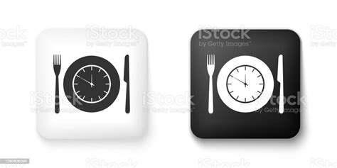 흰색 배경에 고립 된 시계 포크 및 칼 아이콘이있는 흑백 접시 점심 시간 식사 영양 정권 식사 시간 및 다이어트 개념 정사각형 버튼입니다 벡터 개념에 대한 스톡 벡터 아트