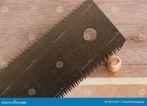 Assembling Furniture Cutting Off The Excess Dowel Stock Image Image