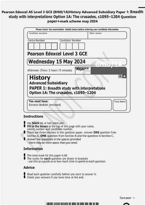 Pearson Edexcel AS Level GCE HI A History Advanced Subsidiary Paper Breadth Study With