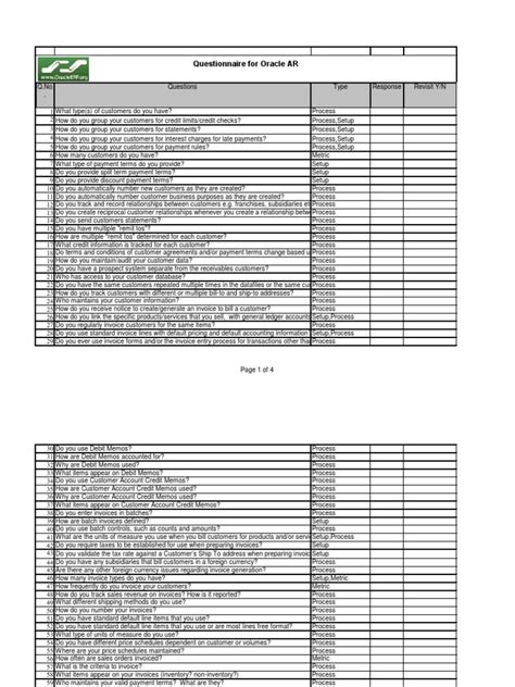 Oracle Ar Questionnaire Pdf Debits And Credits Invoice