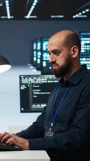 Vertical System Administrator Overseeing Server Room Running Code On