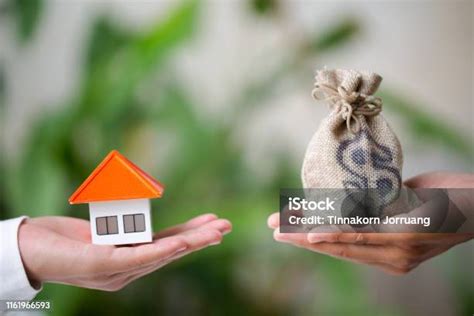 남자와 여자 손 돈 가방과 모델 홈 자연 녹색 배경 구입 또는 주택 판매 부동산 개념에 대 한 대출 교환에 대한 스톡 사진 및 기타 이미지 Istock