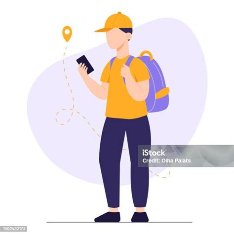 배낭과 휴대 전화를 가진 관광객은 여행 경로를 계획하고 있습니다 여행과 관광 개념 벡터 그림 가방에 대한 스톡 벡터 아트 및 기타 이미지 Istock