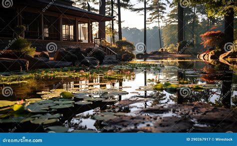The Pond Is Surrounded By Large Trees In The Foreground Stock Image