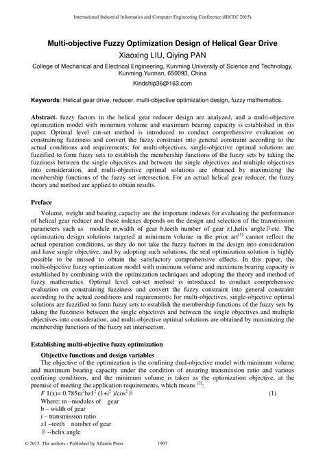 Pdf Multi Objective Fuzzy Optimization Design Of Gear Drive