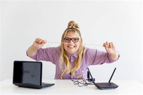Girl Fixing The Router Stock Image Image Of Hand Adsl