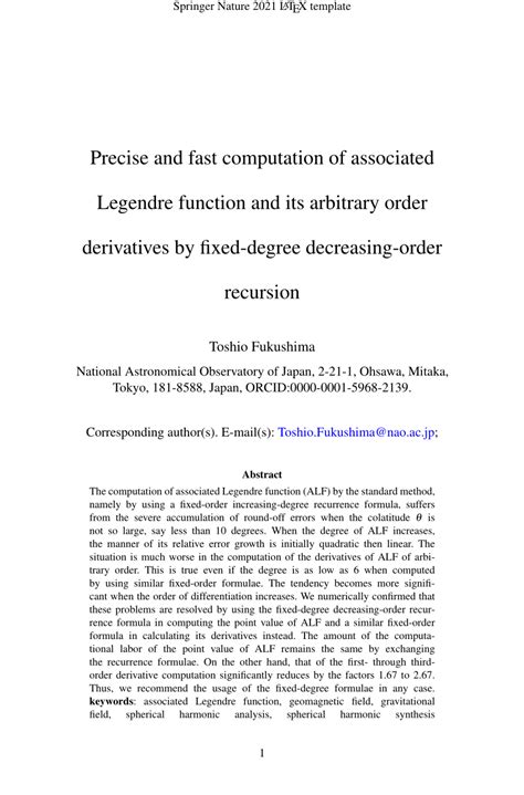 Pdf Precise And Fast Computation Of Associated Legendre Function And