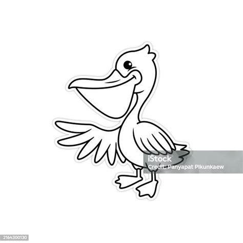 만화 펠리컨 흔들고 날개 인사 흑백 그림의 벡터 일러스트 레이 션은 아이들이 그림에 따라 색칠하는 법을 배울 수 있습니다 가공의 인물에 대한 스톡 벡터 아트 및 기타 이미지