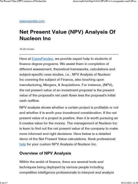 Net Present Value Npv Analysis Of Nucleon Inc Pdf Business