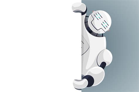 귀여운 로봇은 텍스트를 위해 코너 빈 포스터 공간을 찾습니다 프리젠 테이션을 위해 빈 흰색 보드를 들고 사이보그 문자 로봇 정보 배너 인터페이스 디자인 벡터 일러스트레이션