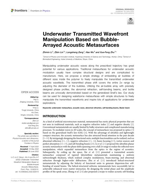Pdf Underwater Transmitted Wavefront Manipulation Based On Bubble Arrayed Acoustic Metasurfaces