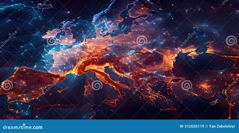 Abstract Map Of Western Europe Showing Telecommunication Data Transfer Networks And Global