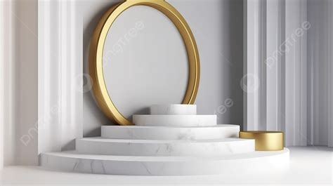 흰색과 금색의 우아한 3d 연단과 계단 금색 원형 프레임이 모형으로 렌더링됨 유리 진열장 제품 쇼케이스 3d 스탠드 배경 일러스트 및 사진 무료 다운로드 Pngtree