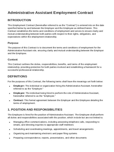 Administrative Assistant Employment Contract Template Form Fill Out