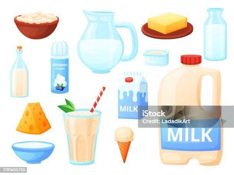 유제품 만화 치즈 우유와 요구르트 와플 콘에 분리 된 크림 아이스크림 버터 접시 밀크 쉐이크의 항아리 Nowaday 벡터 세트