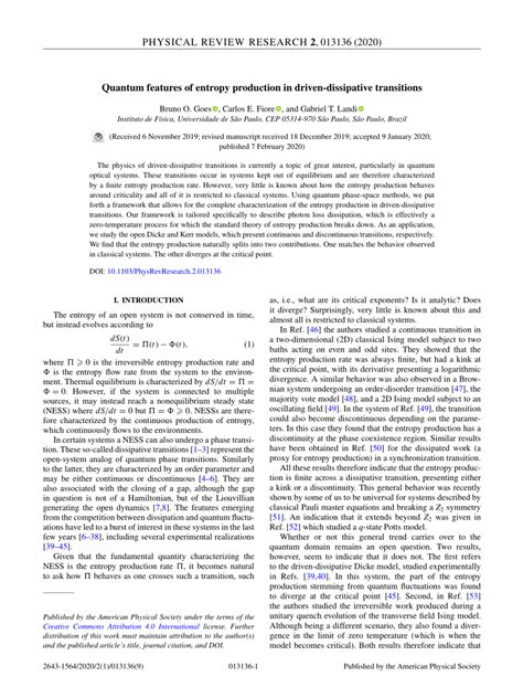 Pdf Quantum Features Of Entropy Production In Driven Dissipative Transitions