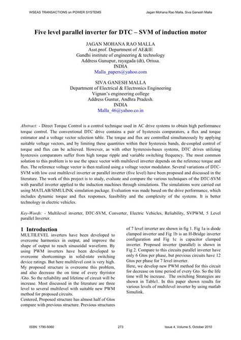 pdf five level parallel inverter for dtc svm of induction … level