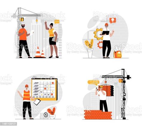 문자 집합이 있는 건설 엔지니어 개념입니다 장면 모음 사람들은 건축업자 청사진을 가진 건축가 부동산 검사관 및 노동자로 일합니다 평면 웹 디자인의 벡터 삽화 개념에 대한