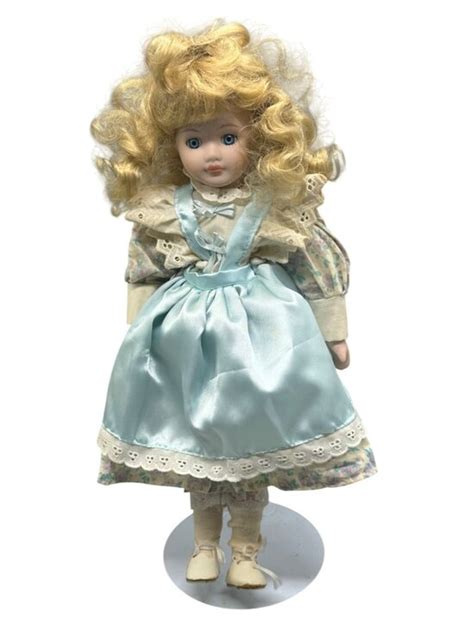 Toys Vintage Porcelain Doll Blonde Curly Hair Blue Eyes Dress Lace