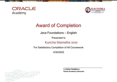 Thrilled To Share That Ive Completed The Java Foundations Course Mamatha Sree Kuncha