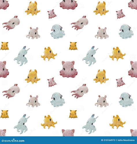 Cute Tiny Watercolor Dumbo Octopus In Pastel Colors Seamless Pattern