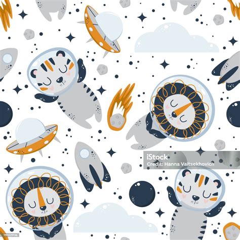 흰색 배경에 귀여운 우주 비행사 호랑이 사자와 원활한 패턴 벡터 일러스트 레이션 Eps 0명에 대한 스톡 벡터 아트 및 기타
