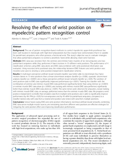 Pdf Resolving The Effect Of Wrist Position On Myoelectric Pattern Recognition Control