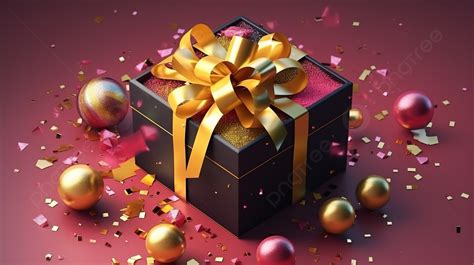 황금 계란과 색종이 조각이 있는 검은색 선물 상자 리본이 달린 3d 축제 선물 상자 밝은 값싼 물건 공 반짝이는 금색