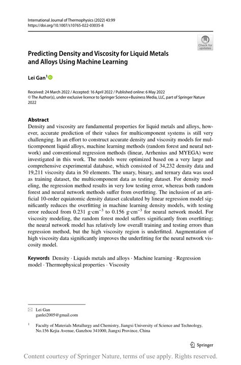 Predicting Density And Viscosity For Liquid Metals And Alloys Using