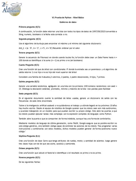V1 Prueba De Python Pdf Python Lenguaje De Programación Lenguaje De Programación