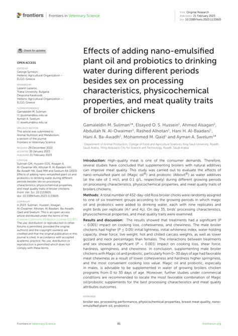 Pdf Effects Of Adding Nano Emulsified Plant Oil And Probiotics To Drinking Water During