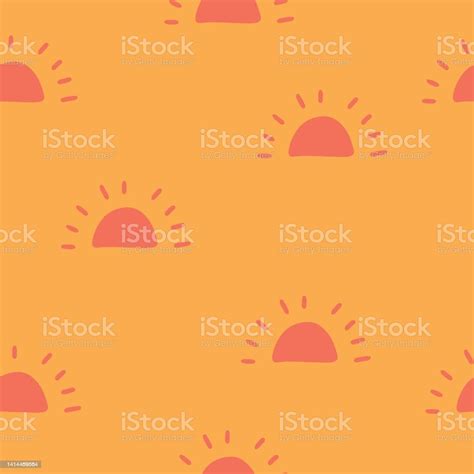 노란색 배경에 붉은 태양 이음새가 없는 패턴 플랫 벡터 일러스트레이션 광선 기호 기호 패턴이있는 태양 벡터 일러스트 레이 션 귀여운에 대한 스톡 벡터 아트 및 기타 이미지