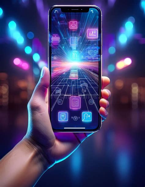 A Hand Holds A Smartphone Displaying A Futuristic Interface With Glowing App Icons And A Digital