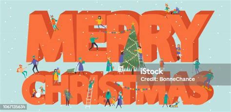 메리 크리스마스 배너 거 대 한 텍스트와 작은 사람들이 겨울 장면 크리스마스에 대한 스톡 벡터 아트 및 기타 이미지 크리스마스 가족 감기와 독감 Istock