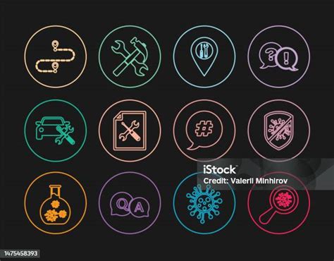 돋보기 바이러스 중지 박테리아 위치 서비스 파일 문서 자동차 경로 위치 해시 태그 말풍선 및 교차 망치와 렌치 아이콘에서 라인 미생물을 설정합니다 벡터 건강 검진에 대한